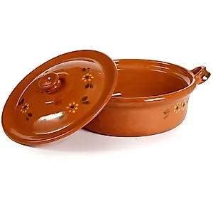Ancient Cookware, Mexican Clay Flat Cazuela Pot, Small, 3 Quarts