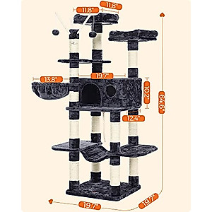 FEANDREA Cat Tree, Large Cat Tower, 64.6 Inches, Cat Activity Center with Hammock, Basket, Removable Fur Ball Sticks, Cat Condo, Smoky Gray UPCT087G01