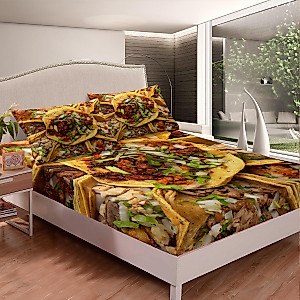 Taco Bed Sheets Set Full Size, Taco Food Sheet Set Realistic Food Sheets with Deep Pocket Fitted Sheet for Kids Boys Girls 3D Food Themed Bedding Set with 2 Pillow Case