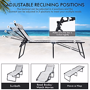 Tangkula Foldable Beach Lounge Chair for Outside, Sunbathing Chair with Removable Headrest, 4-Position Adjustable Backrest, Portable Tanning Chaise Lounger for Yard, Patio, Beach, Camping (1, Grey)