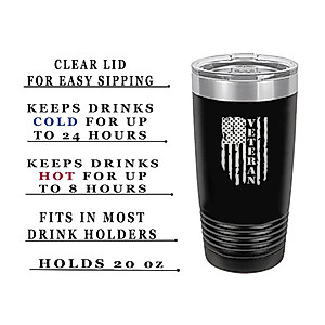 Rogue River Tactical USA Flag Veteran 20 Oz. Travel Tumbler Mug Cup w/Lid Vacuum Insulated Hot or Cold Military Vet Gift (Black)