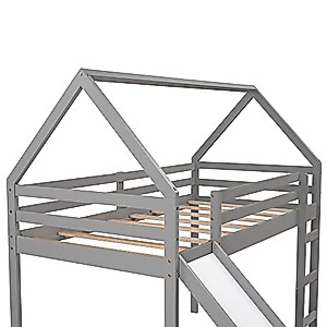 Harper & Bright Designs Twin Size Loft Bed with Slide, Kids House Bed with Slide, Solid Wood Twin Loft Bed Frame for Kids, Teens, Girls & Boys (New, Grey)