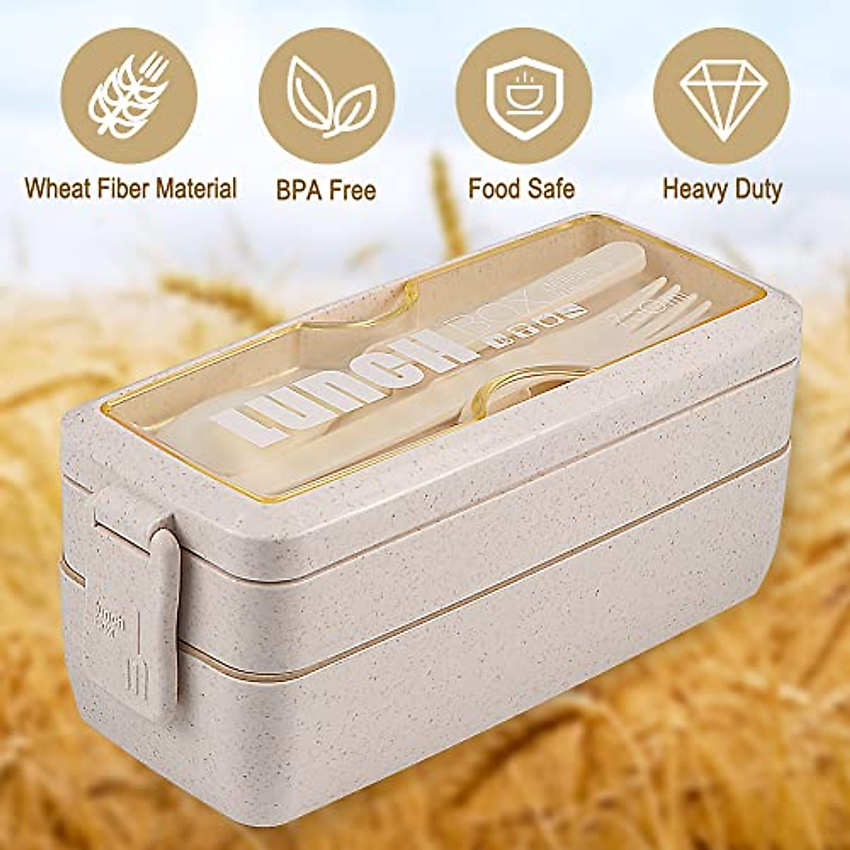 NatraProw Bento Box Adult Lunch Box with Bag, 2 layer Leakproof Lunch Box with Containers Included, BPA Free, Wheat Straw, BPA Free, Microwave Safe, Khaki