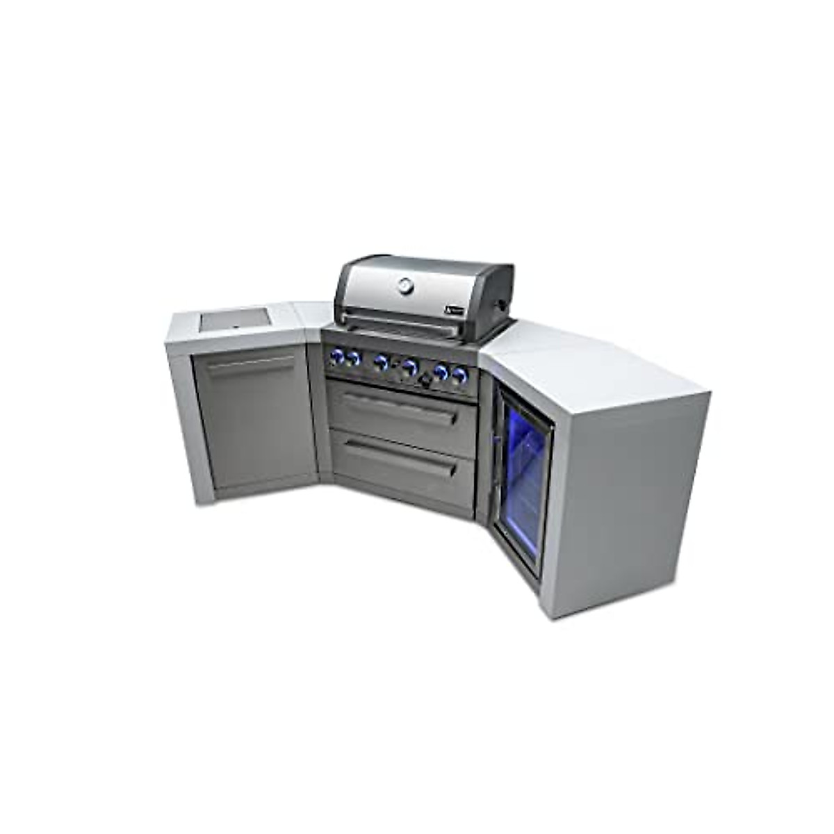 Mont Alpi MAi400-D45FC 32-Inch 4-Burner 78000 BTU 45-Degree Deluxe Stainless Steel Island Outdoor Kitchen Gas Barbecue Island Grill + Compact Refrigerator Wine Cooler + Infrared Side Burner