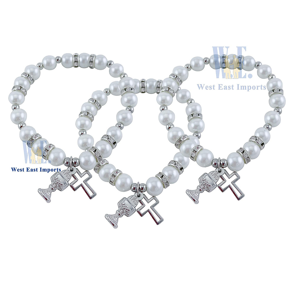 First Holy Communion Favor (12 PCS) White Pearl Bracelet Silver Metal Chalice Cross Charms in Organza Gift Bags with Flowers and Ribbons/Recuerdos para Primera Comunion Niña Niño