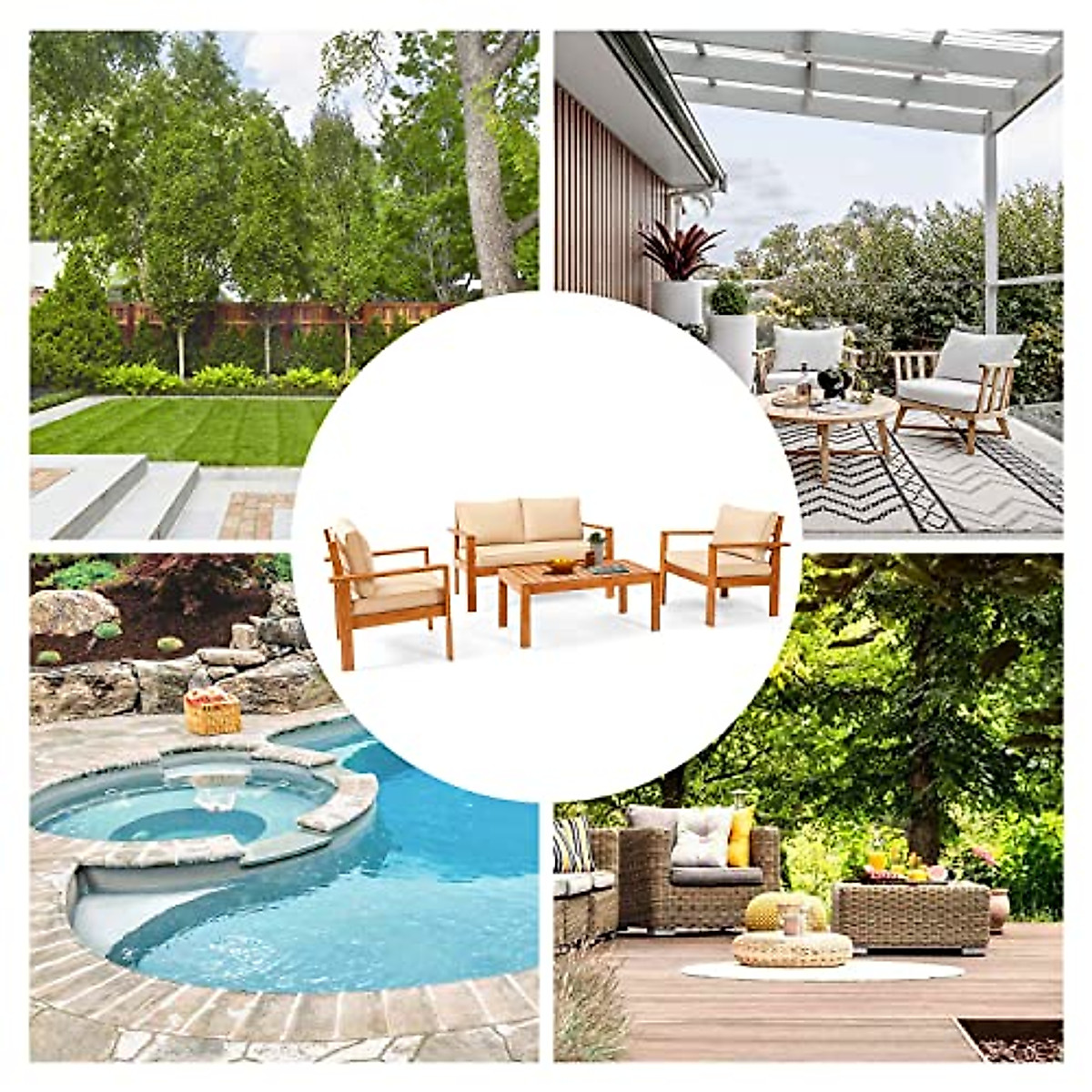 YOLENY 4 Piece Patio Conversation Set, Outdoor Coffee Table with Soft Cushions Chairs, Wood Furniture Set Outdoor Sofa Set for Garden, Poolside, and Backyard