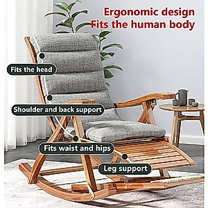 LEIYTFE Garden Bamboo Rocking Chair Folding Reclining Patio Chairs Adjustable Back Balcony Lounge Chair with Foot Massage,Upholstered Rocker Chair for Elderly (Color : Gray, Size : Log)