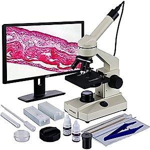 AmScope M100C-LED-SP14-E 40X-1000X Student Biological Field Microscope with LED Lighting + Camera + Slide Preparation Kit