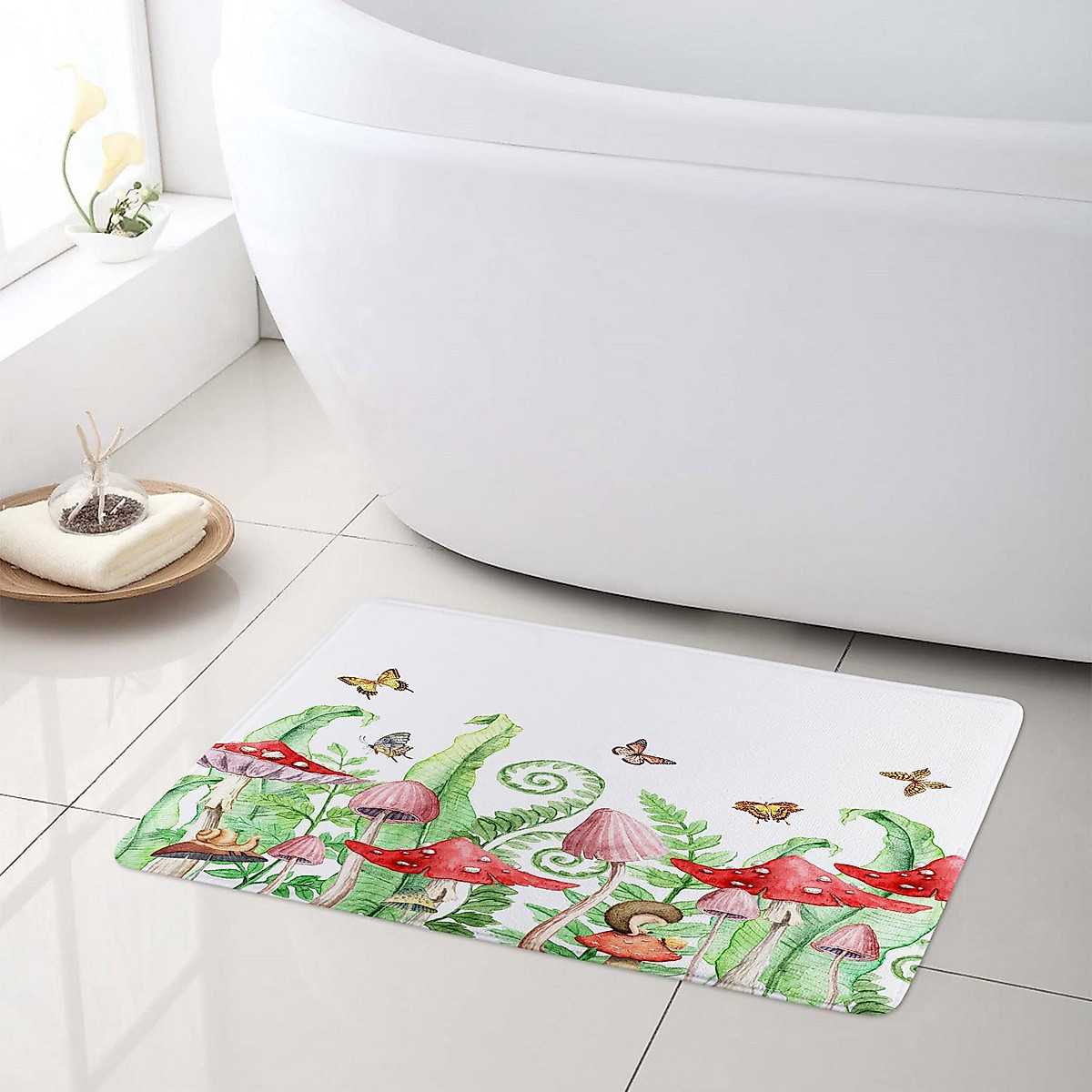 LB Red Mushroom Bathroom Rug Butterfly in Green Plant Non Slip Bath Mat Cute Hedgehog and Snail Aesthetic Doormat Memory Foam Super Absorbent Floor Mats,24x16 Inch