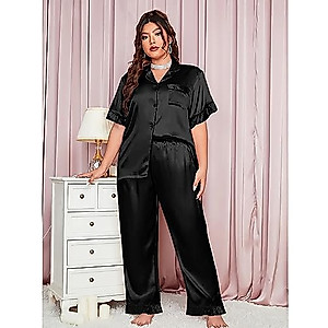 SWOMOG Womens Satin Plus Size Pajamas Silk Short Sleeve Pjs Sets Button Up Pajama with Ruffle Soft Loungewear Wedding PJs Black