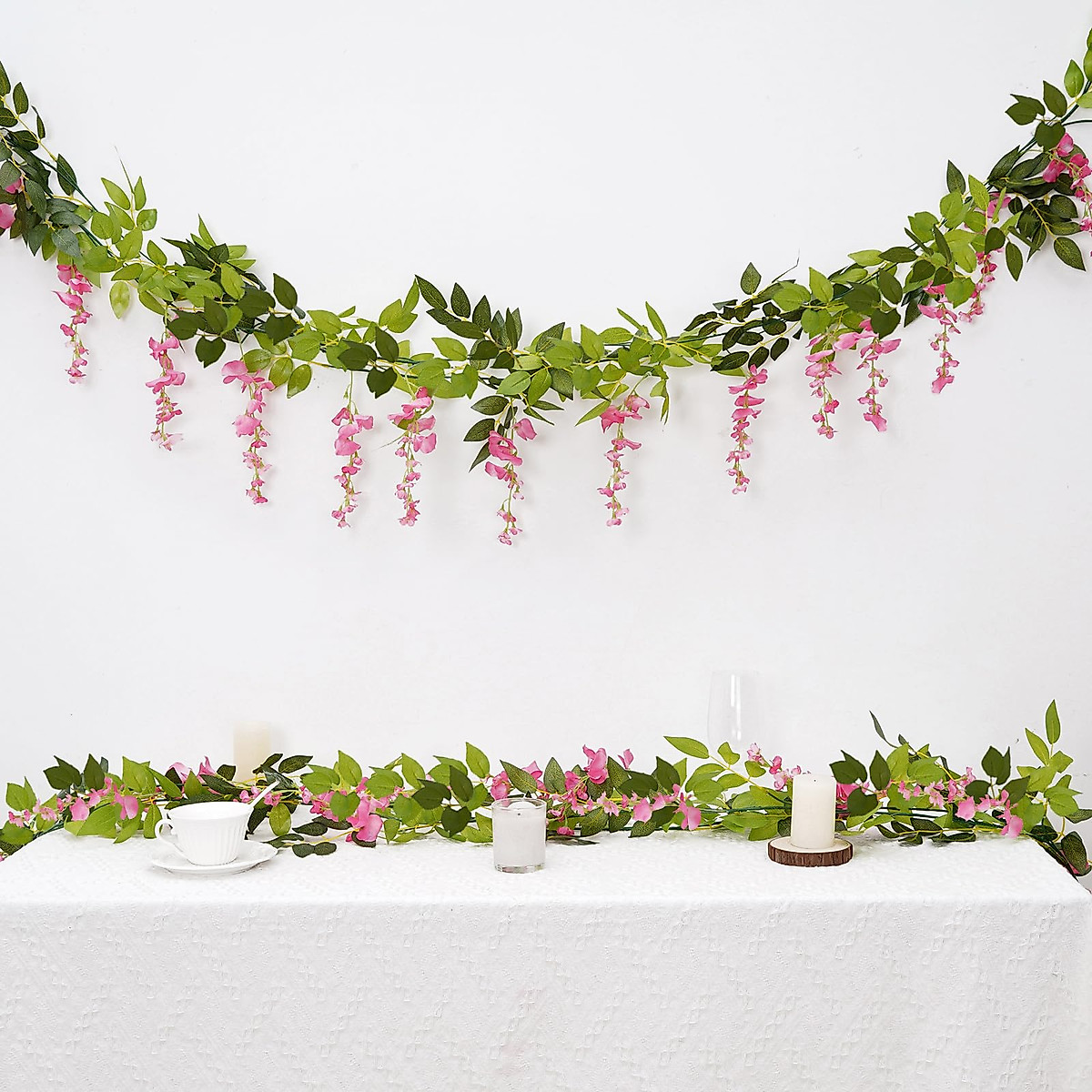 Dolicer 4Pcs 6.6Feet Artificial Flowers Silk Wisteria Garland Artificial Wisteria Vine Rattan Silk Hanging Flower for Home Garden Outdoor Ceremony Wedding Arch Floral Decor, Purplish Red