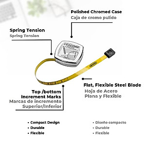 Cescorf Anthropometric Tape Measure with Flat Flexible Steel Blade for Body Circumference Measurements, 6mm x 2m, Metric, with Blank Space Before Zero, Ideal for Dieticians, Nutritionists, Trainers