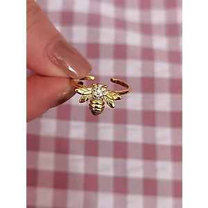 CZ Bee 925 Sterling Silver Ring for Women 14K Gold Plated Cubic Zirconia Crystal Texture Animal Honeybee Statement Open Band Rings Comfort Fit Adjustable Expandable Finger Jewelry Dainty