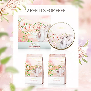 Catkin Blossom BB Cream Air Cushion Foundation Natural Coverage Moist Glowy Finish Breathable Face Makeup with 2 Refills Beige (C01 Ivory Light)