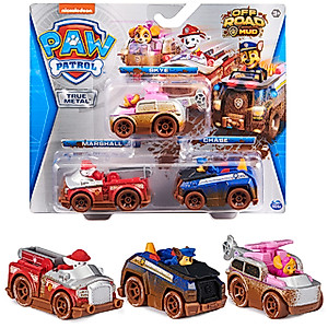 PAW Patrol 6060795 3 Pack True Metal Ride On Mud Cars with Skye, Chase and Marshall 1:55 Scale Kids Toy
