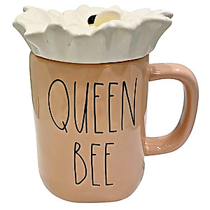 Rae Dunn Magenta Finely Glazed Ceramic Coffee Mug in Salmon with Daisy Flower Lid | Inscribed: QUEEN BEE Daisy with Bumble Bee on Lid