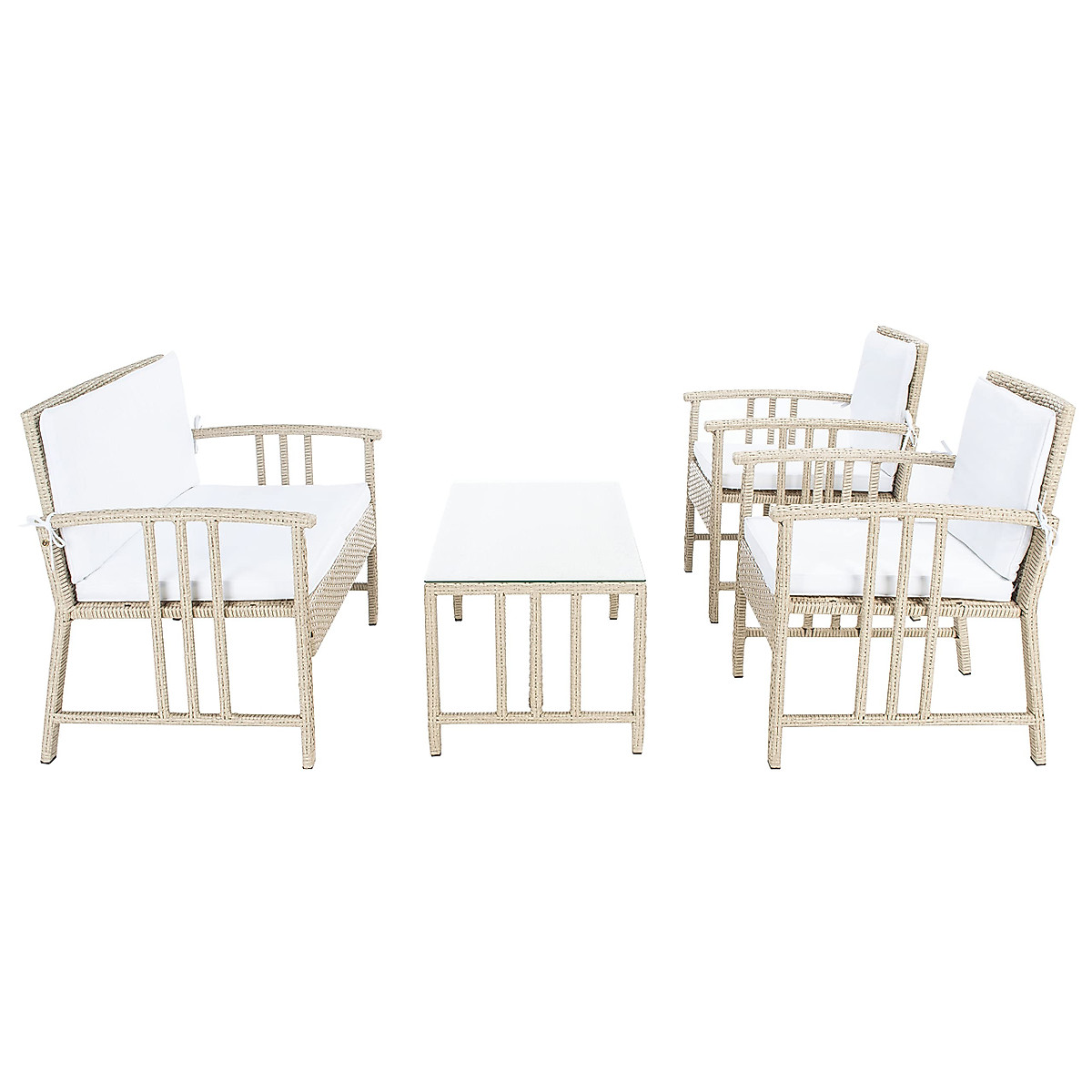 Safavieh Outdoor Collection Reslor Beige Wicker Cushion 4-Piece Living Set PAT7713B, Grey/White