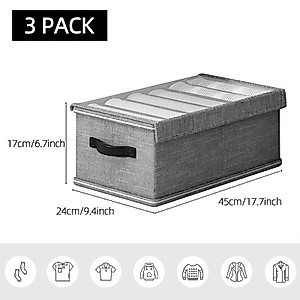 Ohlove 3Pcs Large Wardrobe Clothes Organizer with Lid, 6 Grids Foldable Stackable Fabric Drawer Organizer Dividers Storage Box for Jeans, Pants, T-shirts, Sweater, Scarves, Bras