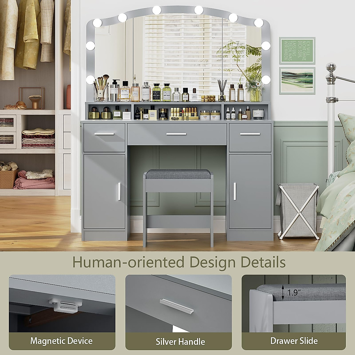 usikey Makeup Vanity with Lights, Vanity Desk, Makeup Vanity Table with 3 Drawers, 2 Cabinets & Long Storage Shelf, 10 Led Lights, Dressing Vanity Table with Stool, for Women, Girls, Bedroom, Grey