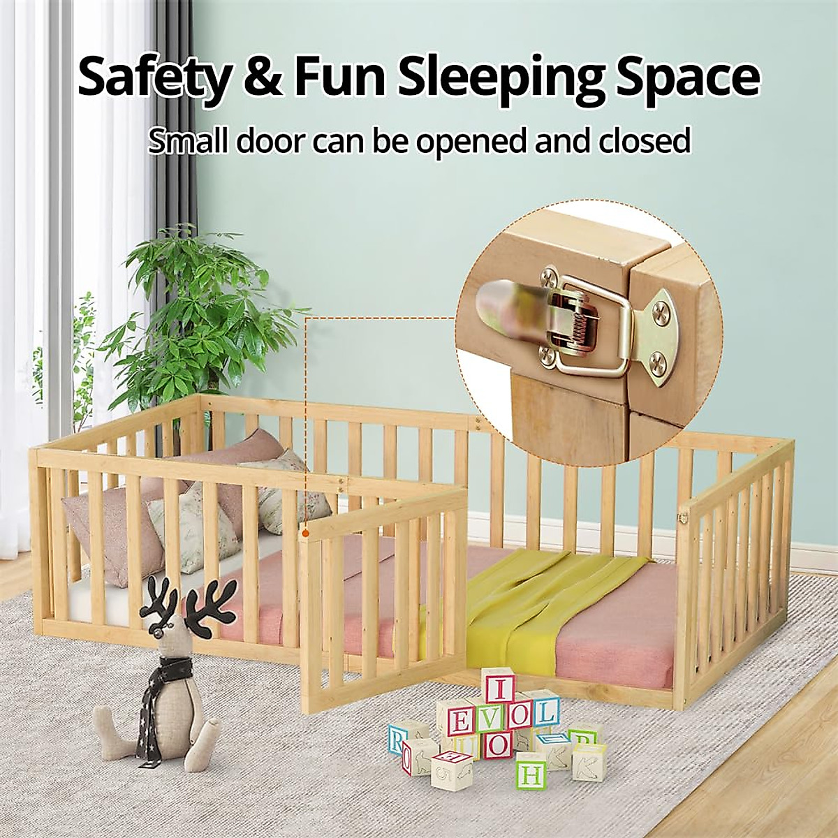 TURRIDU Queen Size Montessori Floor Bed, Multifunctional Wood Bed Frame with Fence & Door for Children Boys Girls Bedroom Living Room, Without Slat & Unlimited Weight, Natural