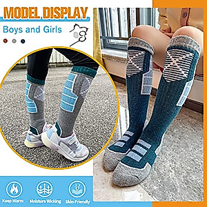 Anlisim Kids Merino Wool Ski Socks for Girls Boys Teen Thermal Winter Warm Thick Hiking Knee High Socks Stocking Stuffers for Skiing Snowboarding (Grey / Dark Blue / Green C, 12-15 Y)