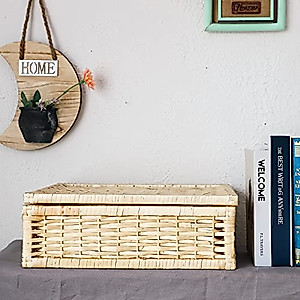 KINGWILLOW Wicker Basket with Lid, Rectangular Wooden Framed Woven Storage Bin with Inside Handles