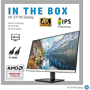 HP New Premium 27f 4K Monitor: 27" UHD 3840 x 2160 (4K) IPS Micro-Edge Display, AMD FreeSync Tech, Height/Tilt Adjustment, HDMI, DisplayPort, 5ms Response time, 16:9 Aspect Ratio, 60Hz,TF HDMI Cable