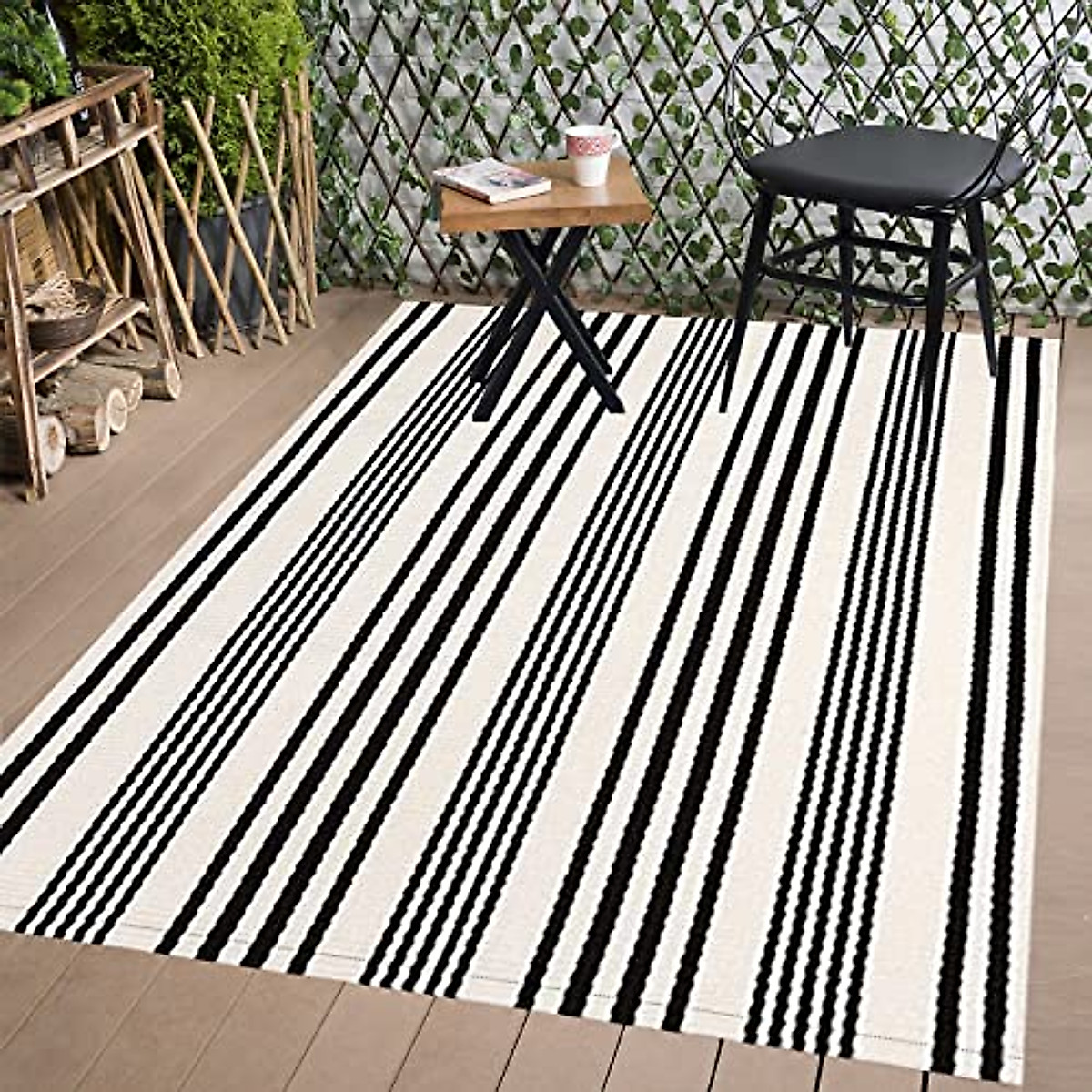BUAGETUP Black and White Striped Outdoor Patio Rug 4' x 6',Hand Woven Cotton Patio Rug Front Porch Rug Indoor Outdoor Area Rug for Bedroom/Living/Room/Patio
