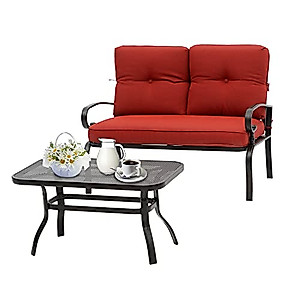 Incbruce Patio Loveseat with Coffee Table - Outdoor Bench with Cushion,2 Piece Wrought Iron Outdoor Loveseat Metal Frame Porch Furniture Set Bench for Patio, Poolside, Garden (Red)