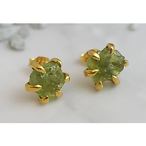 Handmade Large 6-8mm Raw Peridot Gem Sterling Silver Stud Earrings - Gemstone Jewelry Gift Ideas for Women - March Birthstone (yellow-gold-plated-silver)