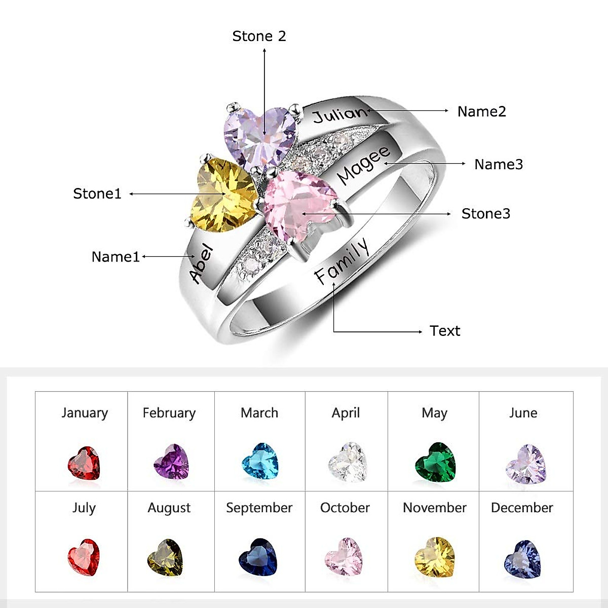 Mothers Ring with 3 Heart Simulated Birthstones Engraved 3 Names Personalized Promise Rings for Her Mom Jewelry (8.5)