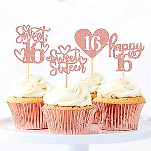 Keaziu 48 Pack Happy Sweet 16 Cupcake Toppers Sweet Sixteen 16 Happy 16 Cupcake Picks for 16th Birthday Wedding Anniversary Party Cake Decorations Supplies Rose Gold