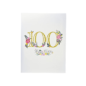 100th Birthday Pop-Up Card, Elegant Floral Design with Glittering Gold Accents, Stunning 3D Pop-Up Greeting Card for Milestone Celebrations