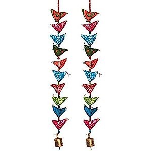 FIKIMOS Floral Cotton Stuffed Small Birds in Vibrant Design Stringed with Beads Brass Bell Door Hanging Assorted Set of 2 Pcs