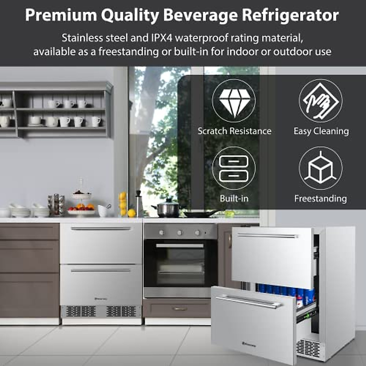 24 Inch Indoor Under Counter Drawer Fridge Stainless Steel Undercounter Refrigerator Freestanding Outdoor Fridge for Home Built-in Commercial Beverage Refrigerator with Dispenser and Digital Display