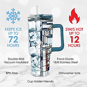 RainCaper 18/8 Stainless Steel Insulated Water Tumbler with Straw | 30oz, BPA-Free, Double Wall for Hot & Cold | Travel-Friendly, Cup Holder Ready (Frank Lloyd Wright Waterlilies)