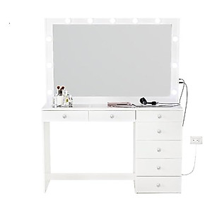 Boahaus Serena LARGE Makeup Vanity with Hollywood Lights Built-in, 7 Drawers, Hollywood Mirror, Hairdryer Hanger, Glass Top, Crystal Ball Knobs, White Vanity Makeup Desk for Bedroom, 58''Hx47''Wx17''D