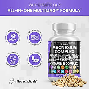 Clean Nutraceuticals Magnesium Complex with Magnesium Glycinate Citrate Malate Oxide Taurate Aspartate Orotate & Mag Chloride, Zinc Copper Manganese & Vitamin C B1 B2 B6 B12 Complex - 1Pack