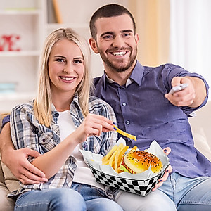 50 Pcs Checkered Paper Food Trays with 50 Deli Liner Disposable Racing Party Food Boat Black and White Plaid Food Serving Tray for Racing Theme Birthday Baby Shower Party Popcorn Nacho Snack Hot Dog