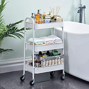 TOOLF 3 Tier Rolling Cart, No Screw Metal Utility Cart, Easy Assemble Utility Serving Cart, Sturdy Storage Trolley with Handles, Locking Wheels, for Classroom Office Home Bedroom Bathroom, White