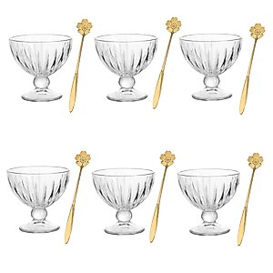 Aebor Glass Ice Cream Cups,Dessert Bowls, for Dessert, Sundae, Ice Cream, Fruit, Salad, Snack, Cocktail,etc (Includes 6 Glass Ice Cream Cups 250ml And 6 Metal Spoons)