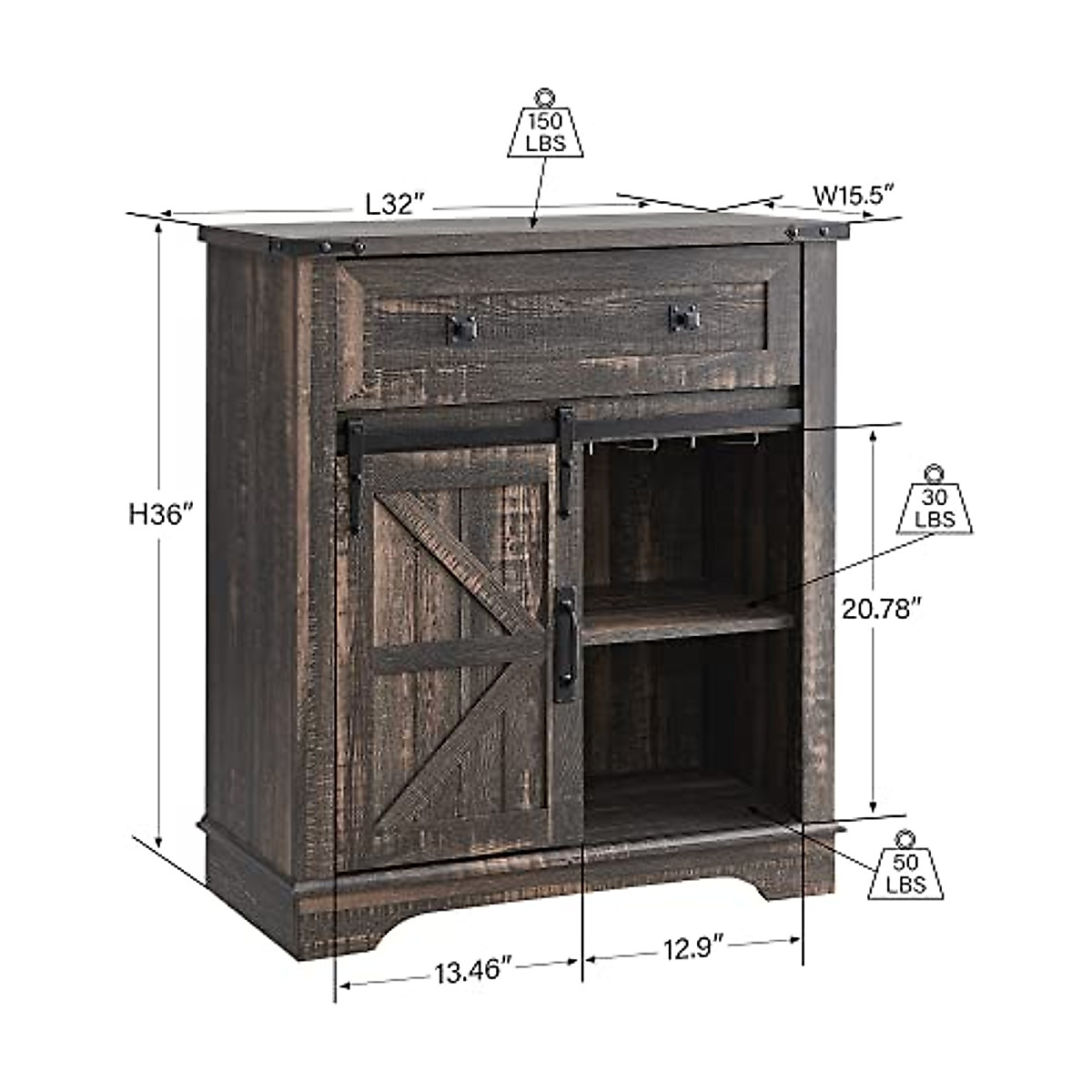 OKD Farmhouse Coffee Bar Cabinet, 32" Sliding Barn Door Buffet Sideboard Cabinet with Drawer, Adjustable Storage Shelves, Wooden Accent Cabinet for Kitchen, Living Room, Dining Room(Dark Rustic Oak)