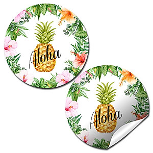 Watercolor Pineapple Aloha Thank You Sticker Labels, 40 2" Party Circle Stickers by AmandaCreation, Great for Party Favors, Envelope Seals & Goodie Bags