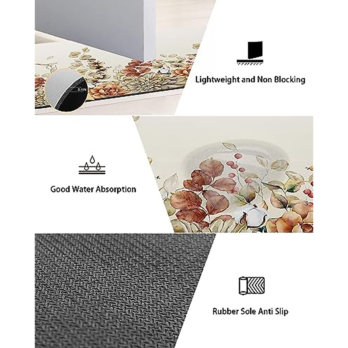 Country Eucalyptus Flowers Bath Mat for Tub,Non Slip Bathroom Floor Runner Rug Quick Dry & Absorbent Diatomaceous Earth Shower Sink Kitchen Doormat,Fall Farmhouse Leaves Rose Dahlia Floral 18"x47"