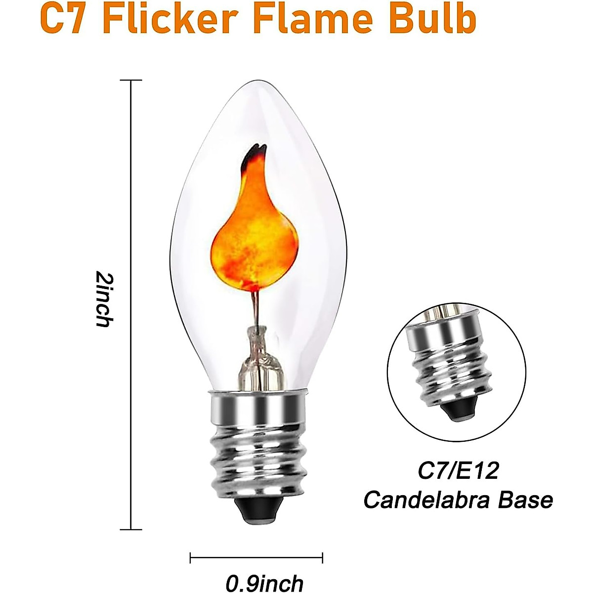 Tupkee C7 Flickering Flame Bulb – 1W, Light Bulb with Orange Glow That flickers and Dances up and Down - Replacement for E12 Base Christmas Candolier Window Candle - 2/Pkg