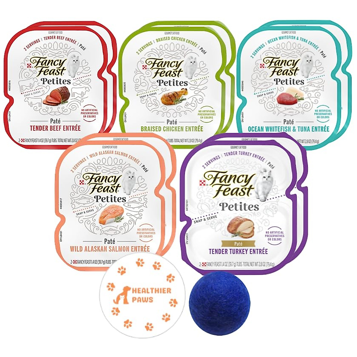 Fancy Feast Petites Pate Wet Cat Food Variety 5 Flavor Pack / 20 Servings/Beef, Chicken, Ocean Whitefish & Tuna, Salmon and Turkey with Healthier Paw Sticker Plus Colorful Plush Ball Cat Toy
