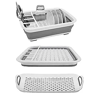 Collapsible Dish Drying Rack with Drain Board Tray Foldable Dish Drying Rack Pop up Dishes Dinnerware Organizer Dish Rack RV Accessories Camping Supplies Camper Accessories for Travel Trailers