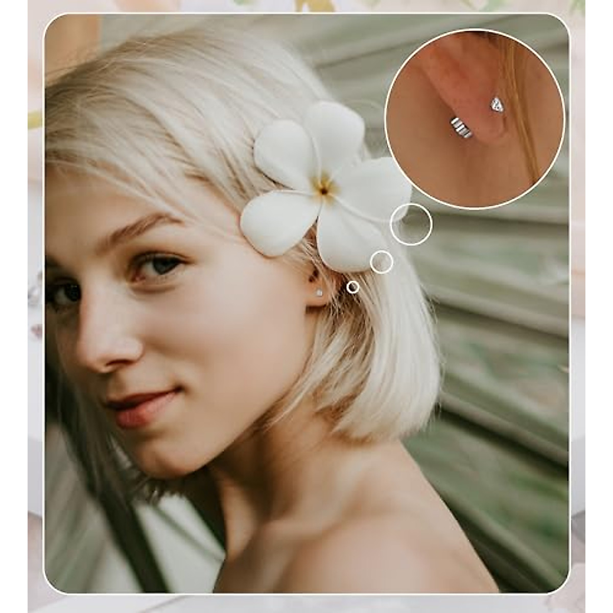 Enticera 3mm G23 Titanium Earrings for Sensitive Skin Handmade Flower Screw Back 5A+Cubic Zirconia Earrings 20g 14K Gold Hypoallergenic Nap Earrings for Helix Cartilage Piercing White