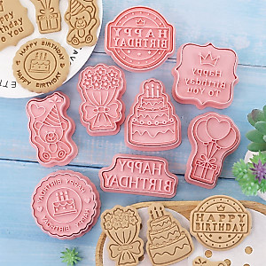 Pink PP Material Birthday Cookie Cutters, 8 Pcs Theme Set Embossing Dies and Plunger Dies for Fondant Cookies Pastry Cheese Baking(Birthday)