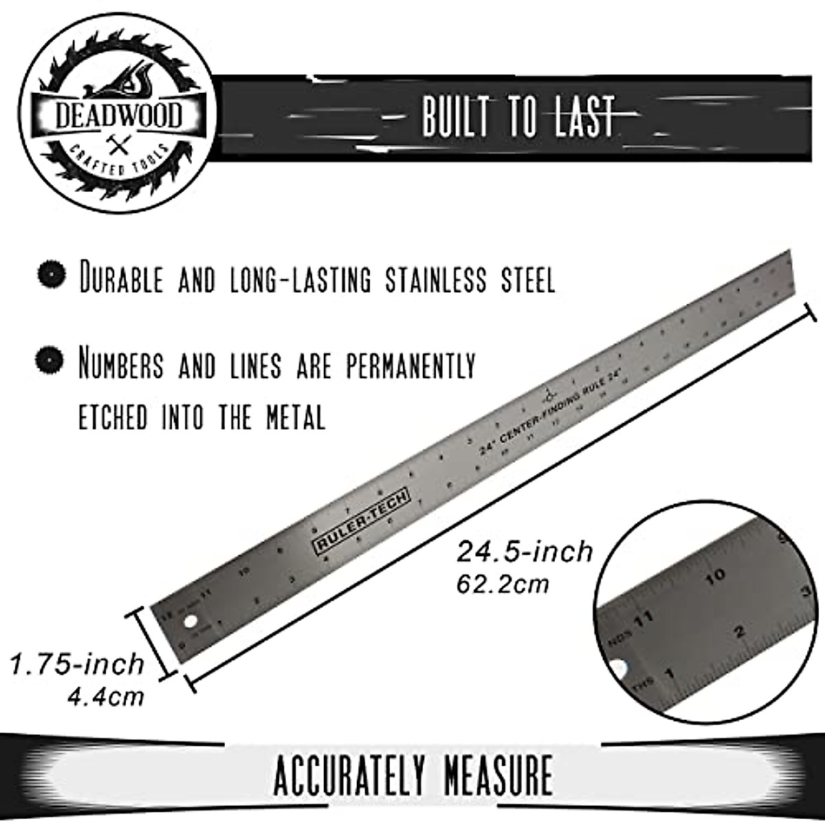 DCT Centering Ruler, 24in – Center Finding Measurer for Woodworking Rotary, Crafting, Embroidery, Guitar Luthier